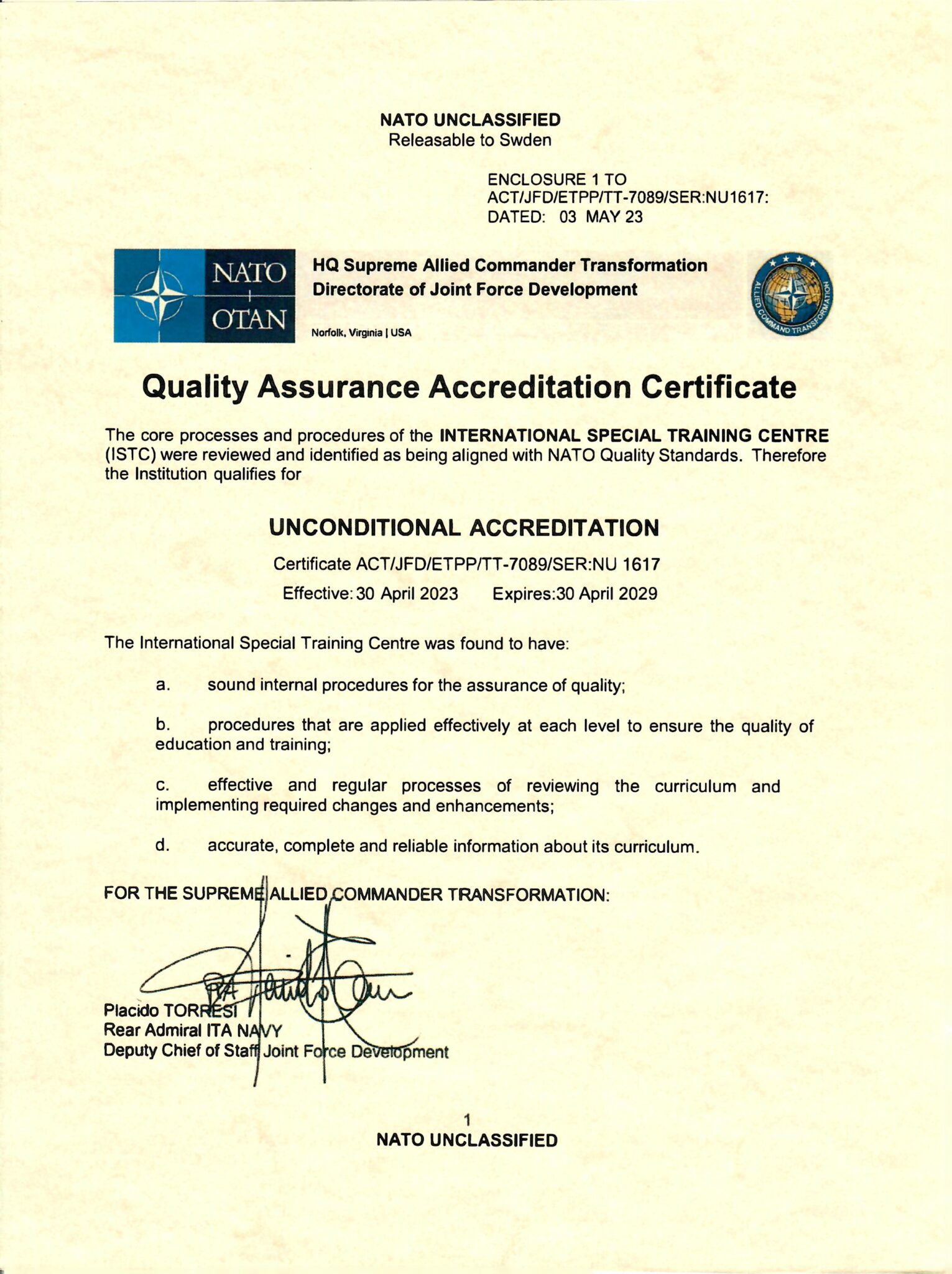 NATO ACCREDITATION – International Special Training Center